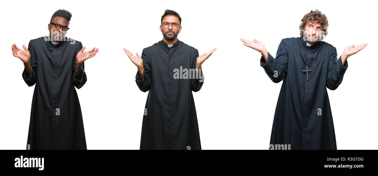 Collage of christian priest men over isolated background clueless and ...
