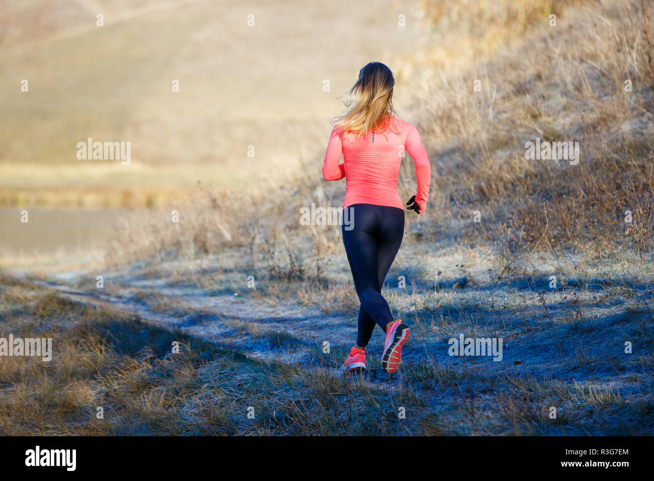 Rear view of young running woman in winter park. Healthy lifestyle ...
