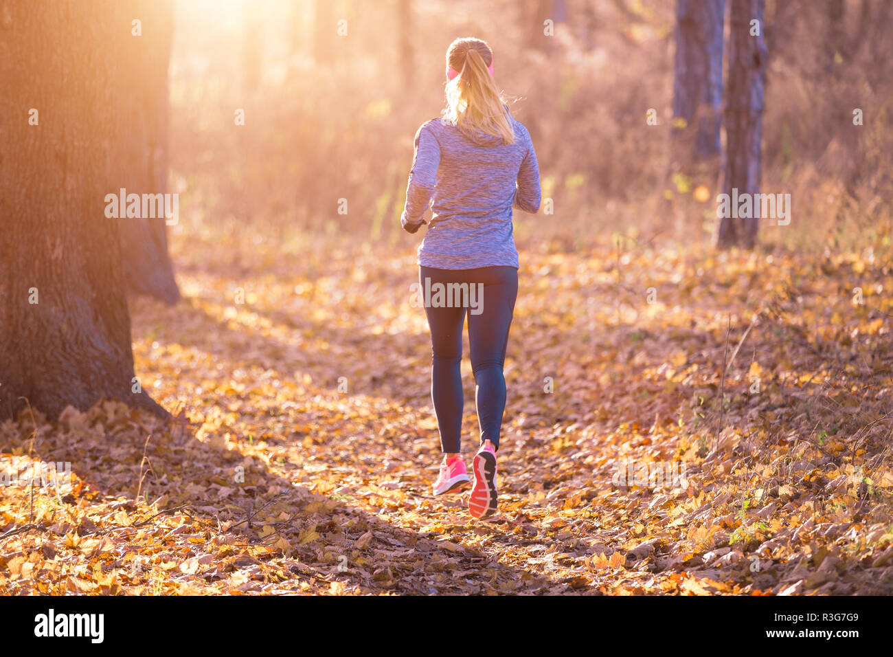 Back view of running girl in autumn park. Trail running lifesyle ...
