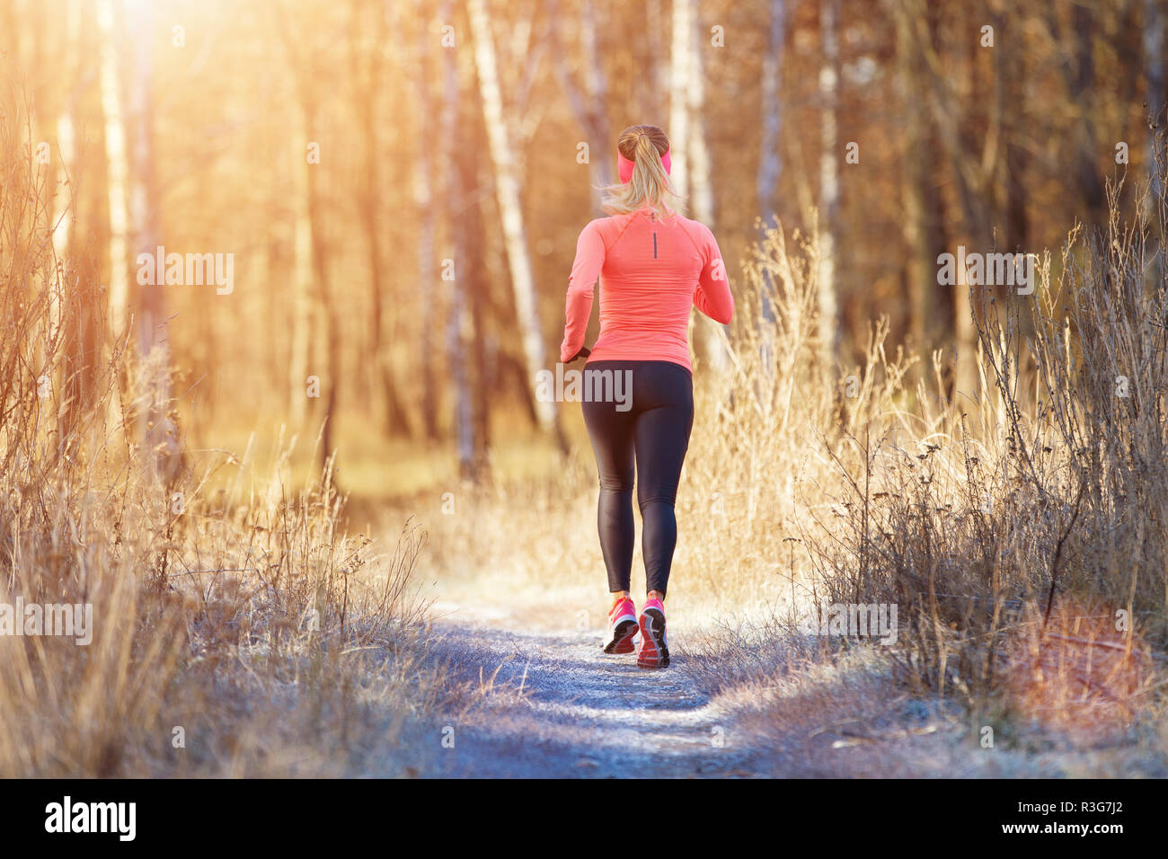Rear view of young running woman in winter park. Healthy lifestyle ...