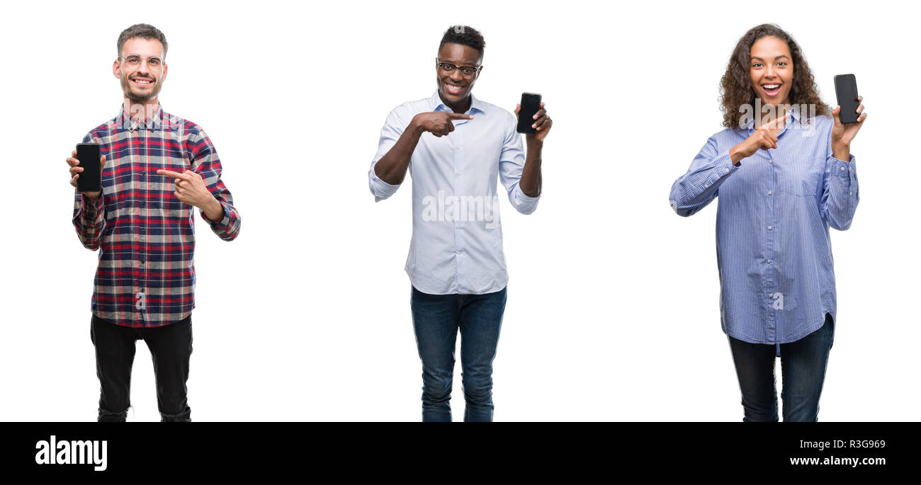 Collage of young people talking and texting using smartphone over ...