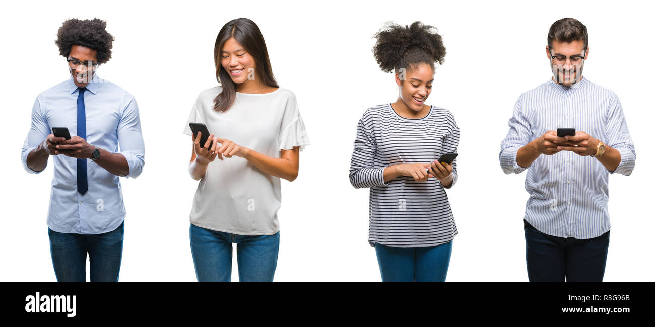 Collage of people texting sending message using smartphone over ...