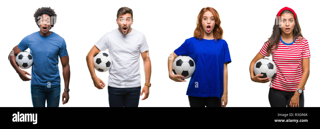 Collage of people holding football soccer ball over isolated background ...