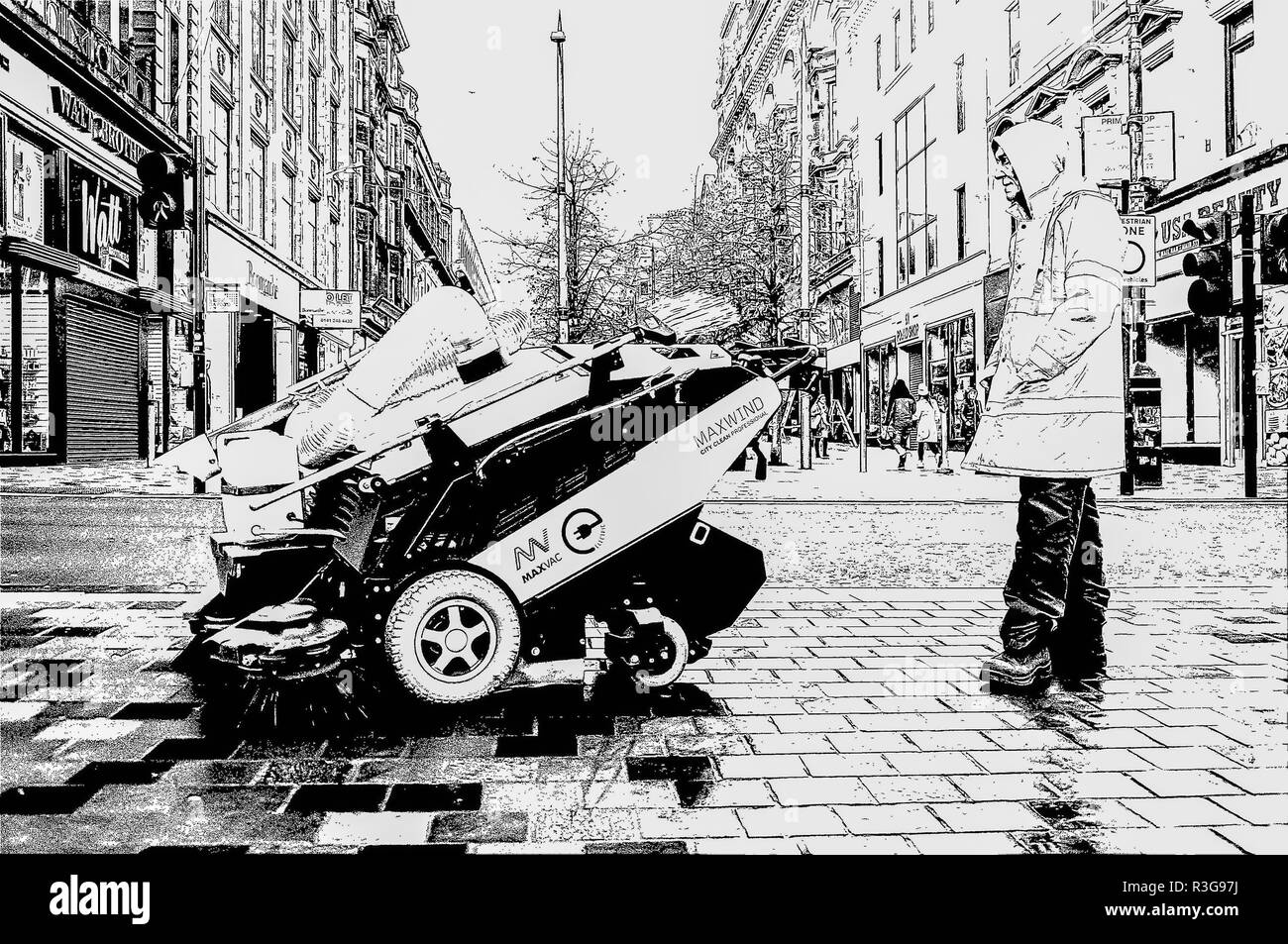 Digital pen & ink sketch of a male Council street cleaner using the ...