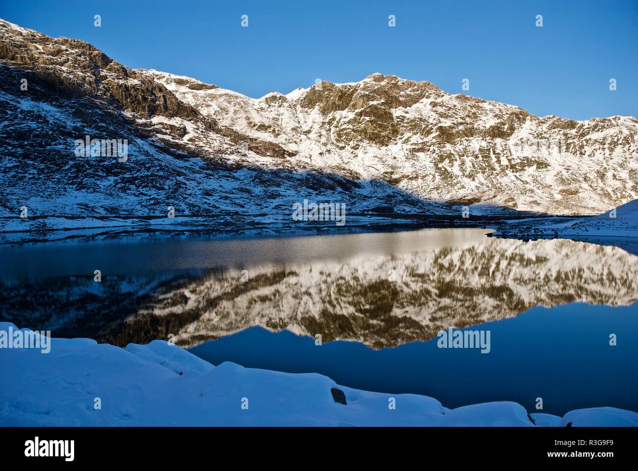 Snow covered hills reflected in a mountain lake, Mount Snowdon ...