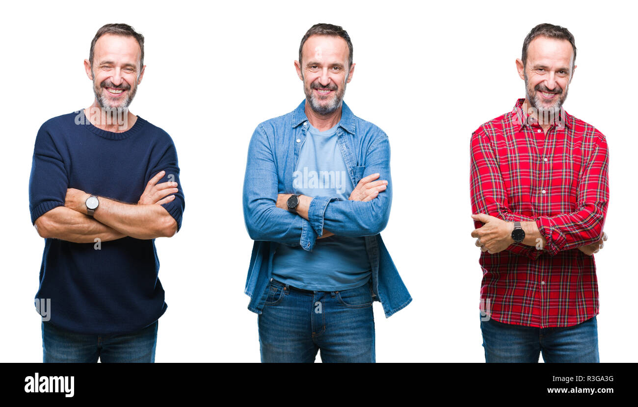 Collage of middle age senior hoary man over isolated background happy ...