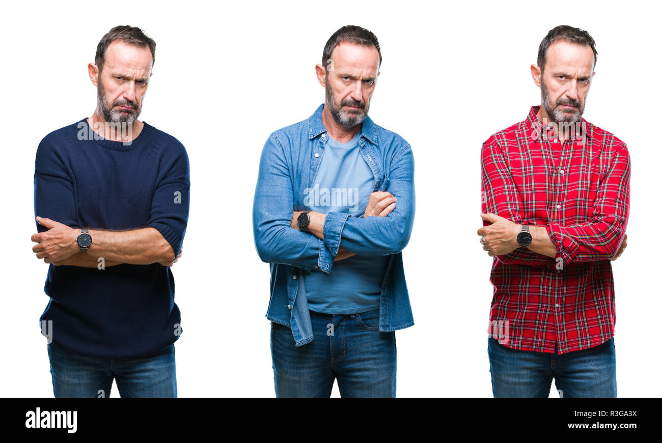 Collage of middle age senior hoary man over isolated background skeptic ...