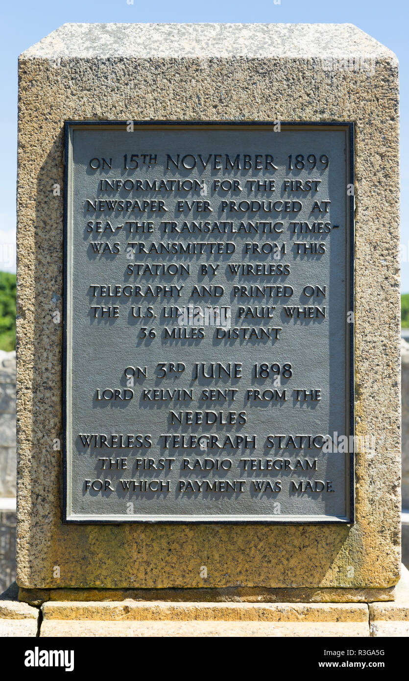 The Marconi Monument with plaque and inscription at The Needles ...