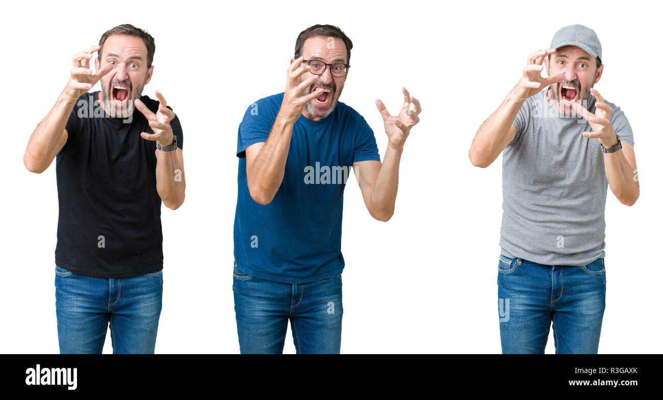Collage of handsome senior man over white isolated background Shouting ...