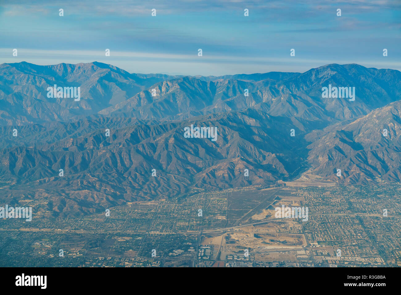 Aerial view of Upland, Rancho Cucamonga, view from window seat in an ...