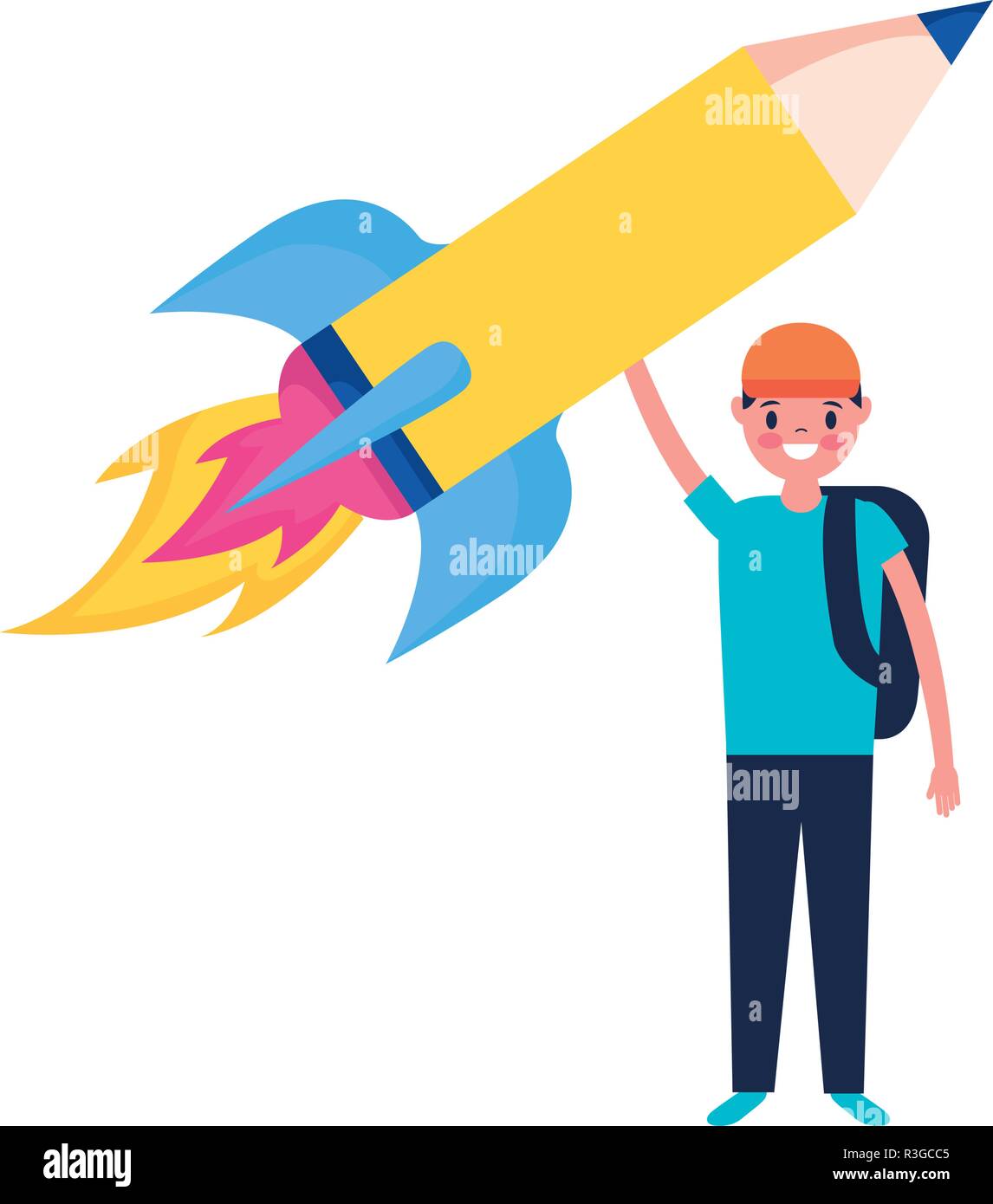 boy with pencil rocket education school vector illustration Stock ...