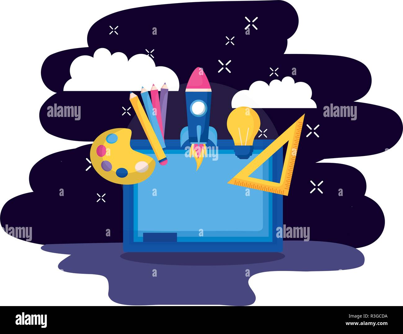 blackboard ruler rocket pencil idea education on space background ...