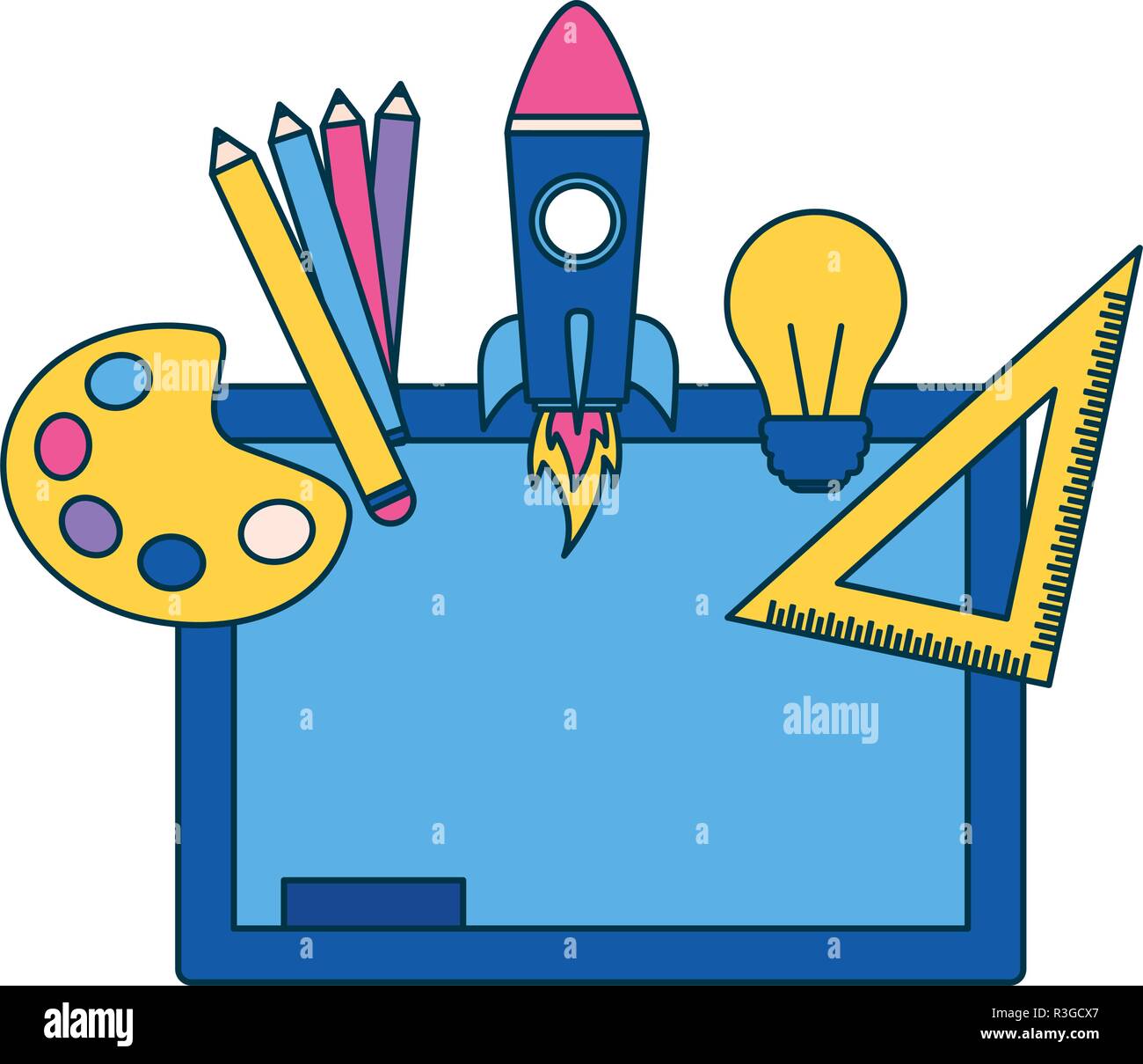 blackboard ruler rocket pencil idea education school vector ...