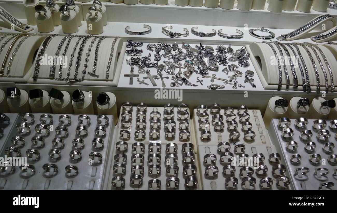 Silver jewellery, jewellery in Turkey Stock Photo - Alamy