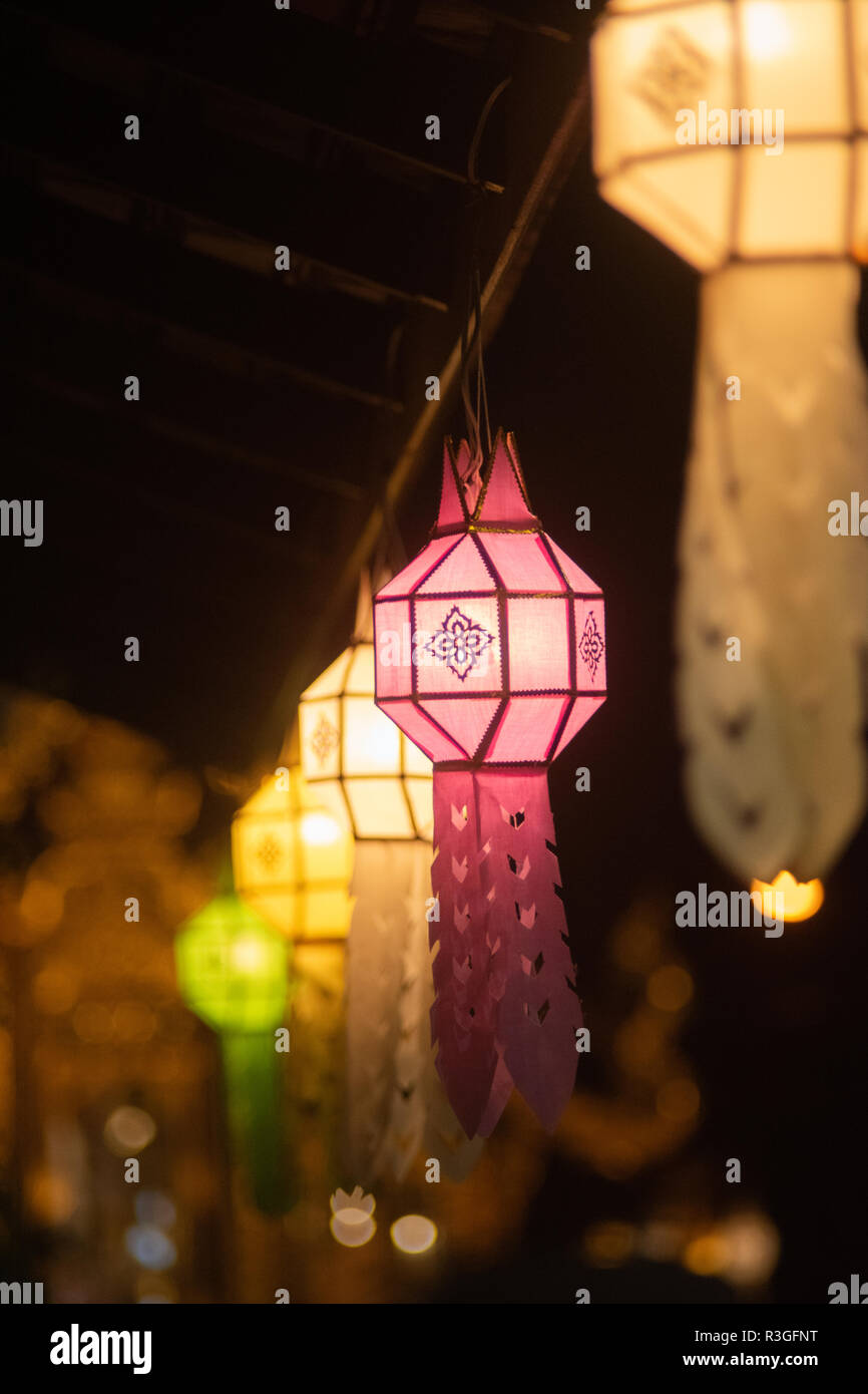 Colourful lanterns light at night Stock Photo - Alamy