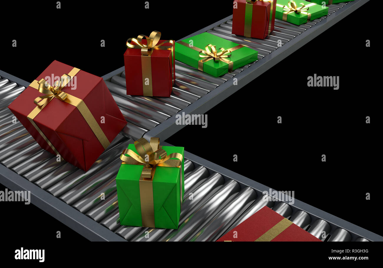 A row of gift boxes wrapped in metallic paper and gold ribbons on a ...