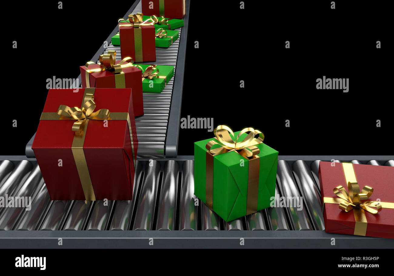 A row of gift boxes wrapped in metallic paper and gold ribbons on a ...