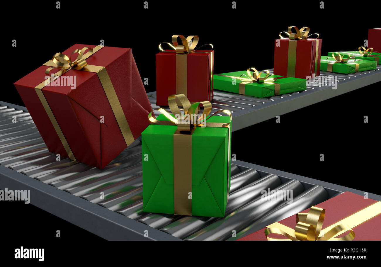 A row of gift boxes wrapped in metallic paper and gold ribbons on a ...