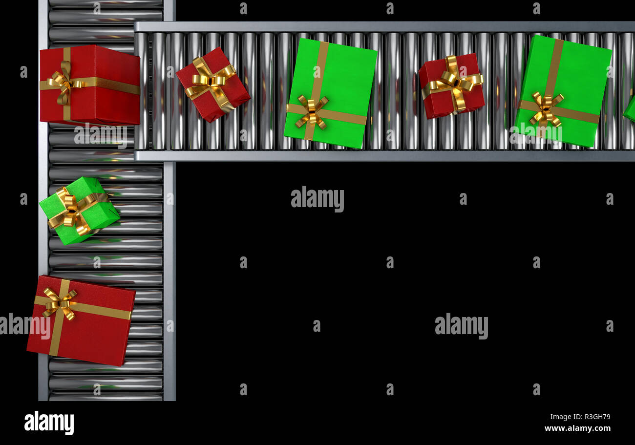 A row of gift boxes wrapped in metallic paper and gold ribbons on a ...