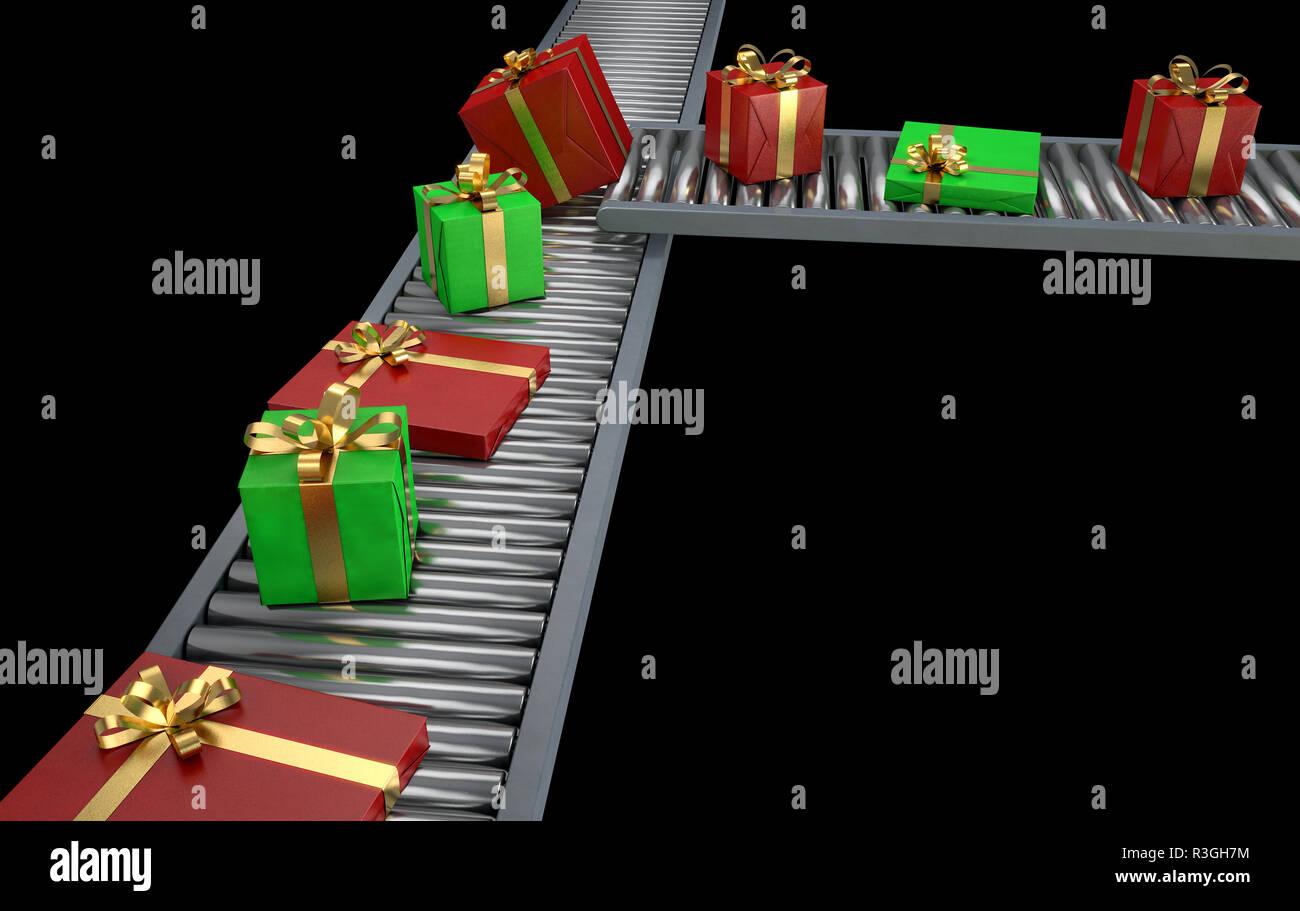 A row of gift boxes wrapped in metallic paper and gold ribbons on a ...