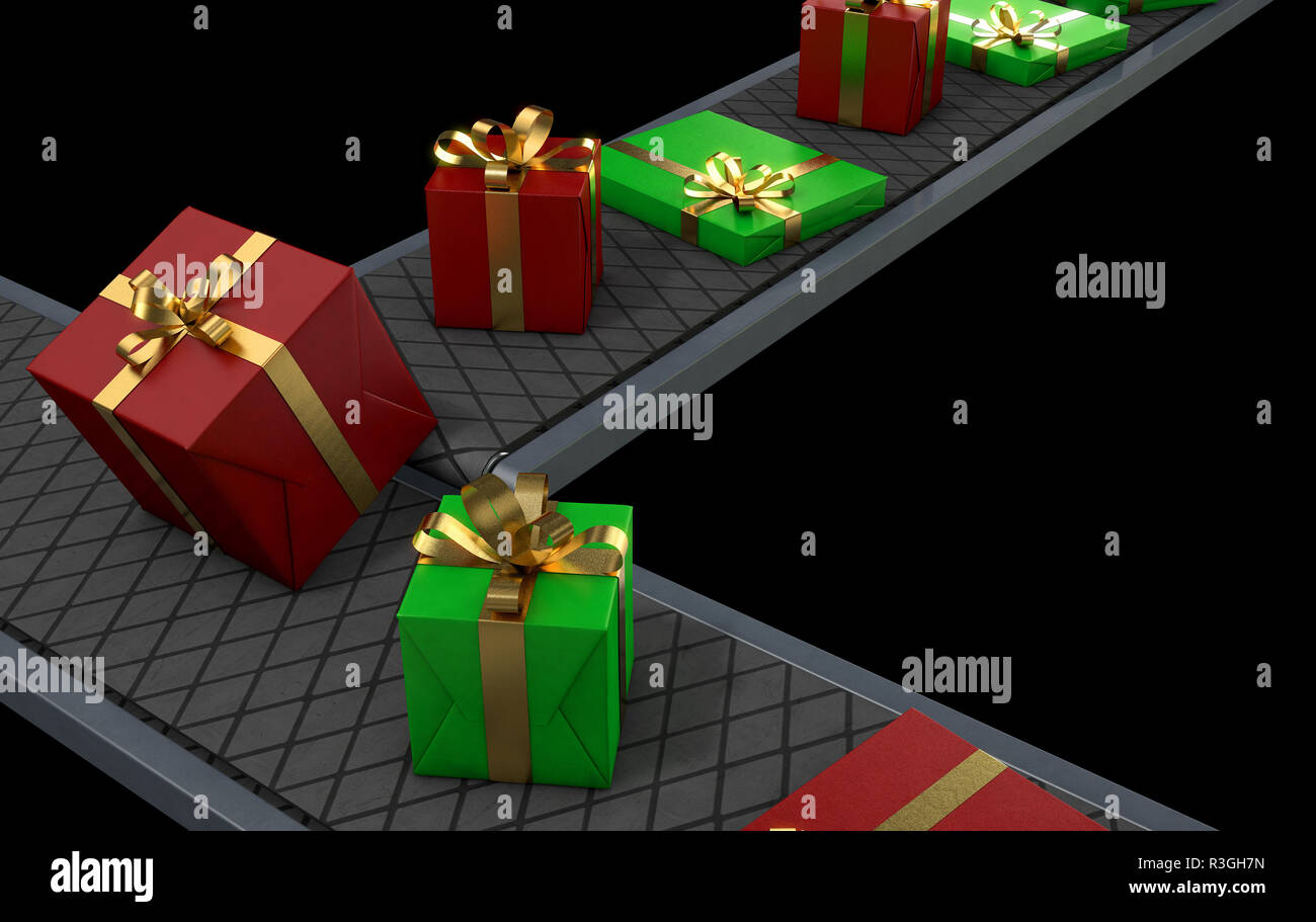 A row of gift boxes wrapped in metallic paper and gold ribbons on a ...