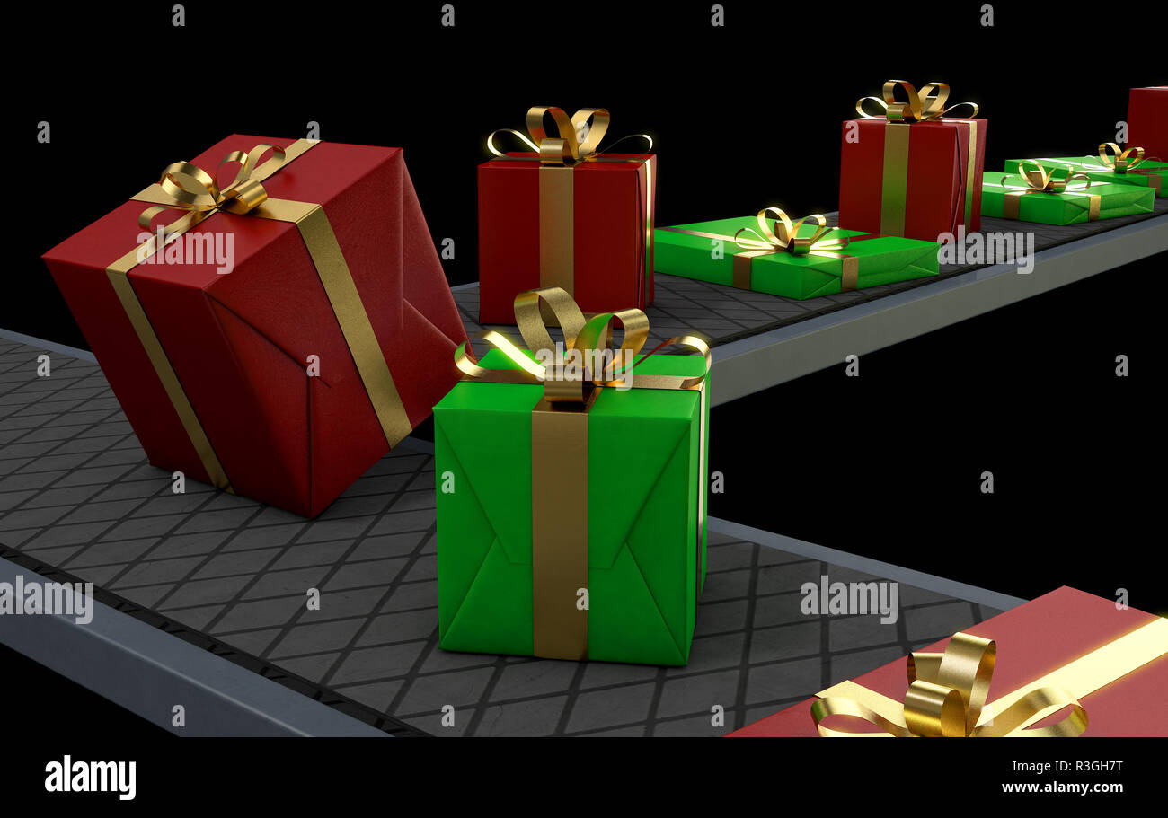 A row of gift boxes wrapped in metallic paper and gold ribbons on a ...