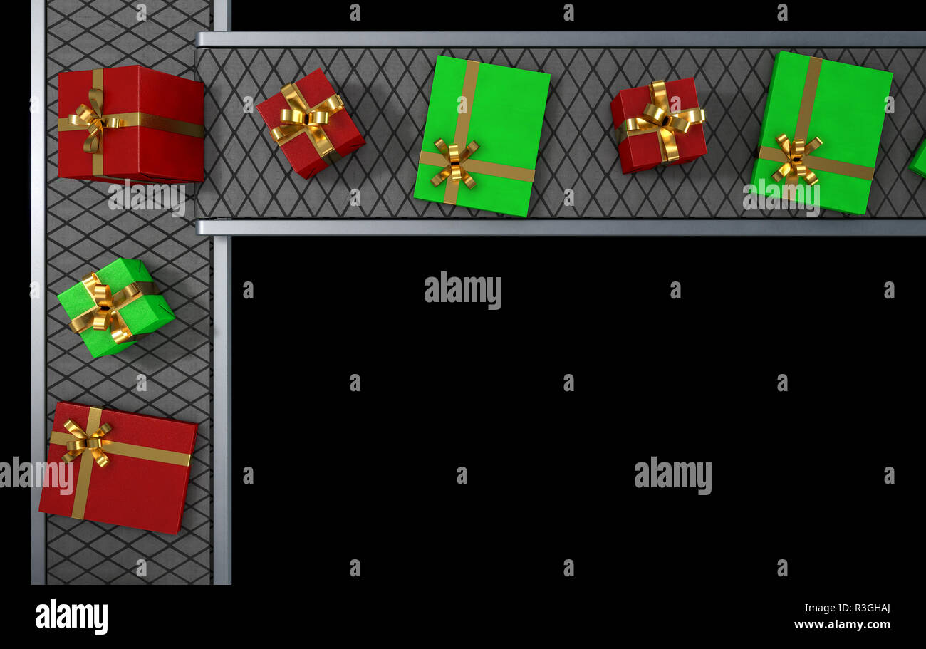 A row of gift boxes wrapped in metallic paper and gold ribbons on a ...