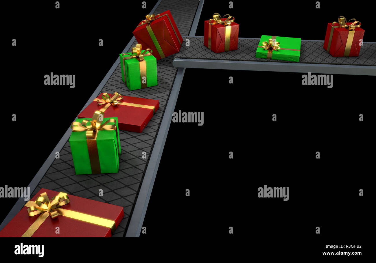 A row of gift boxes wrapped in metallic paper and gold ribbons on a ...