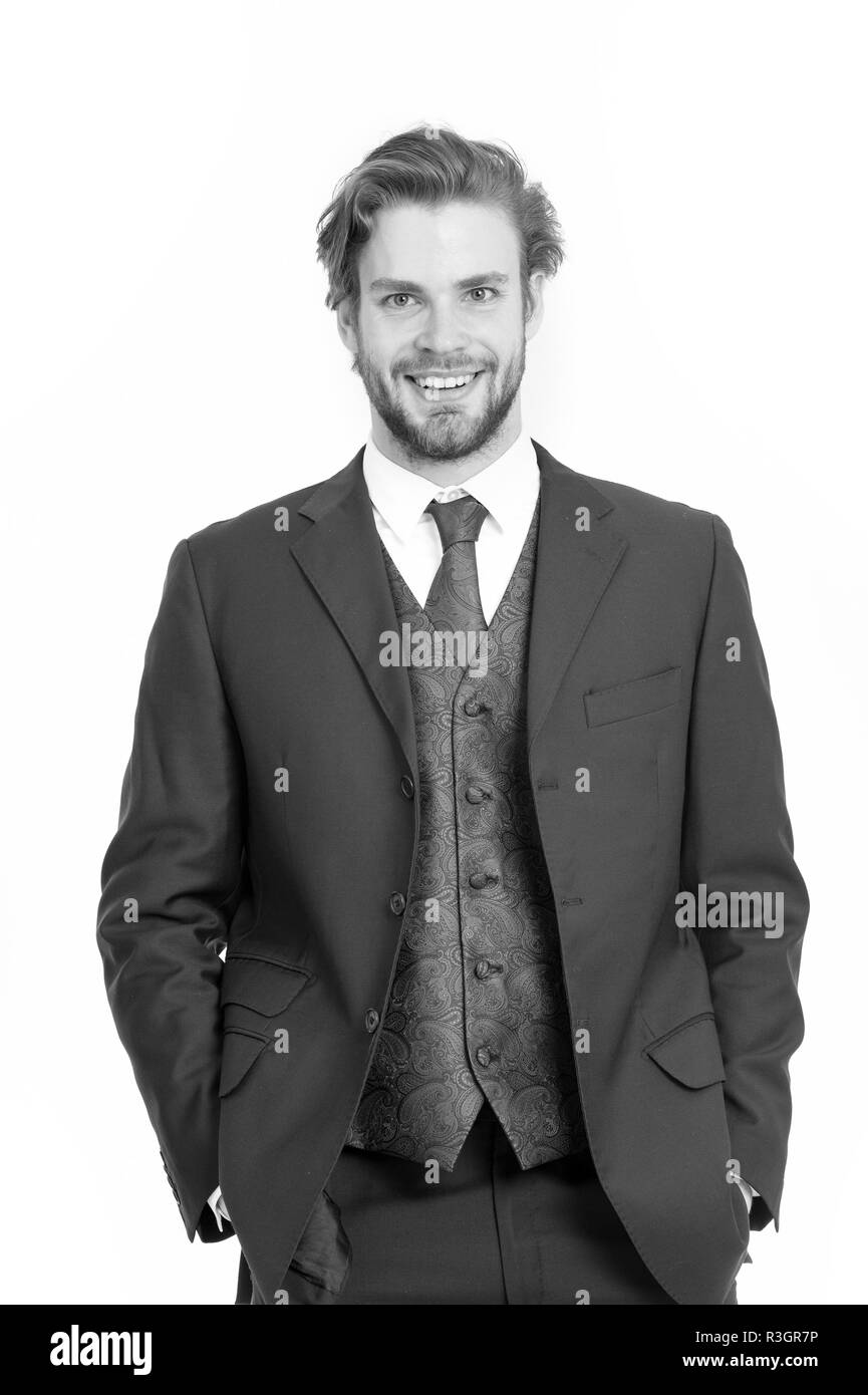 Man in formal outfit isolated on white. Manager with beard on happy ...