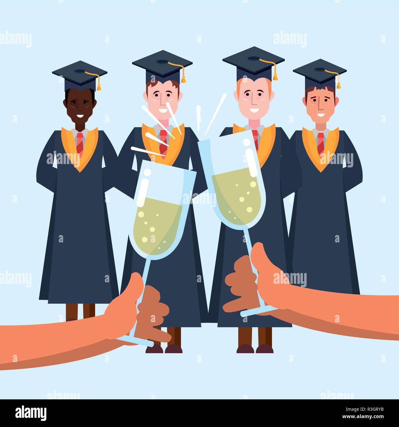 students hands with champagne graduation school celebration vector ...