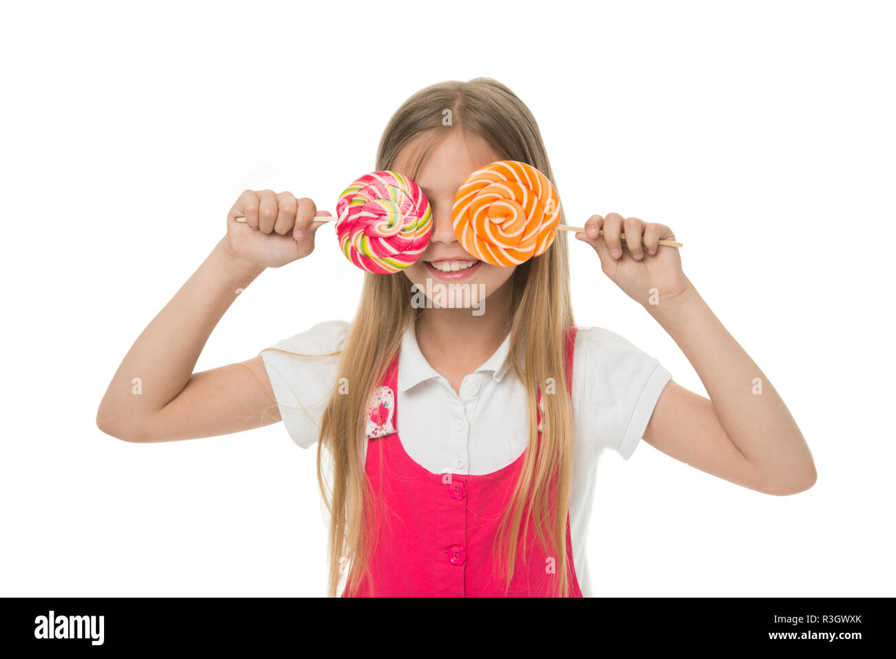 How much sugar ok. Girl cute smiling face holds sweet lollipops. Girl ...