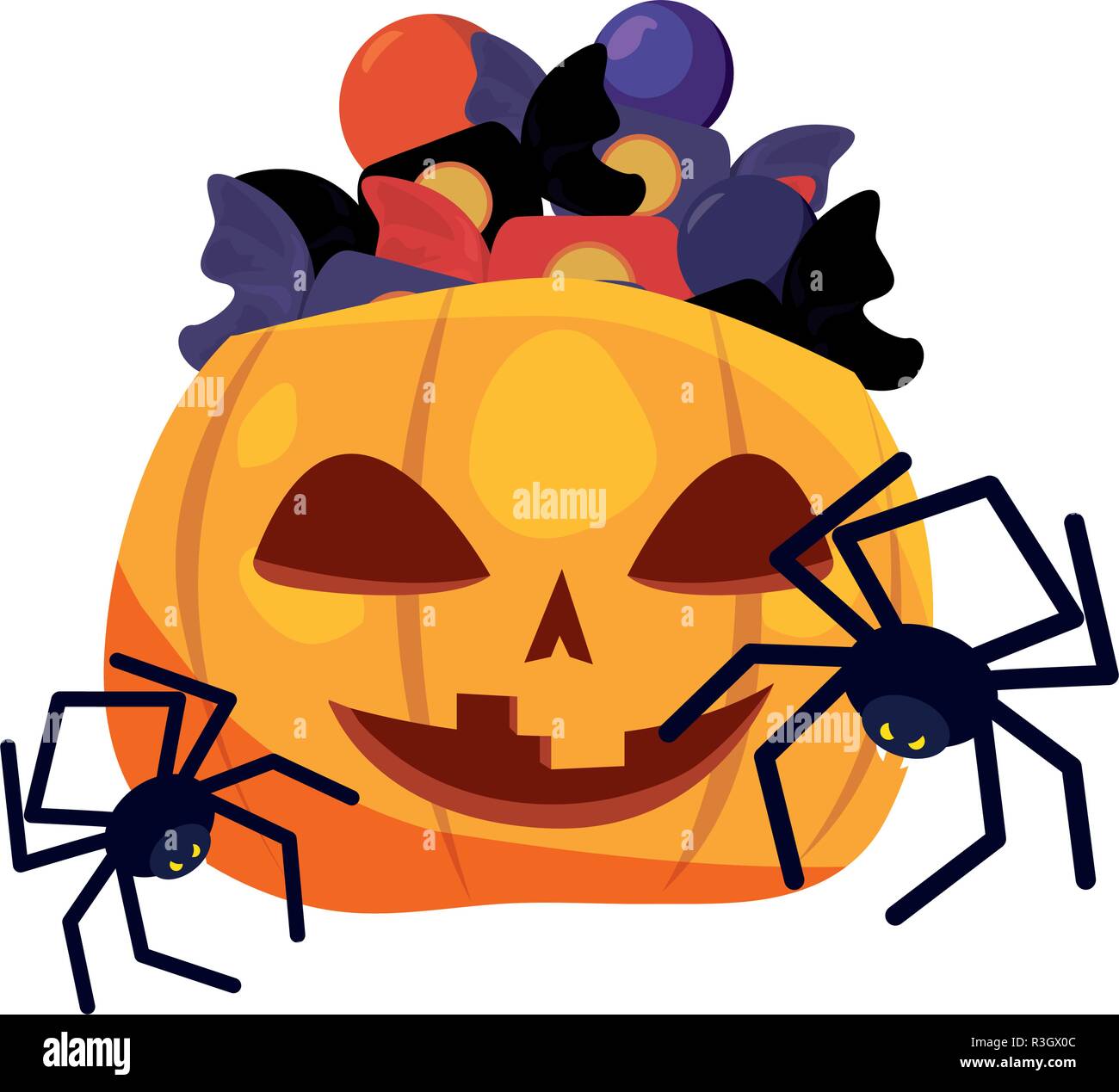 halloween pumpkin spiders and candies vector illustration Stock Vector ...