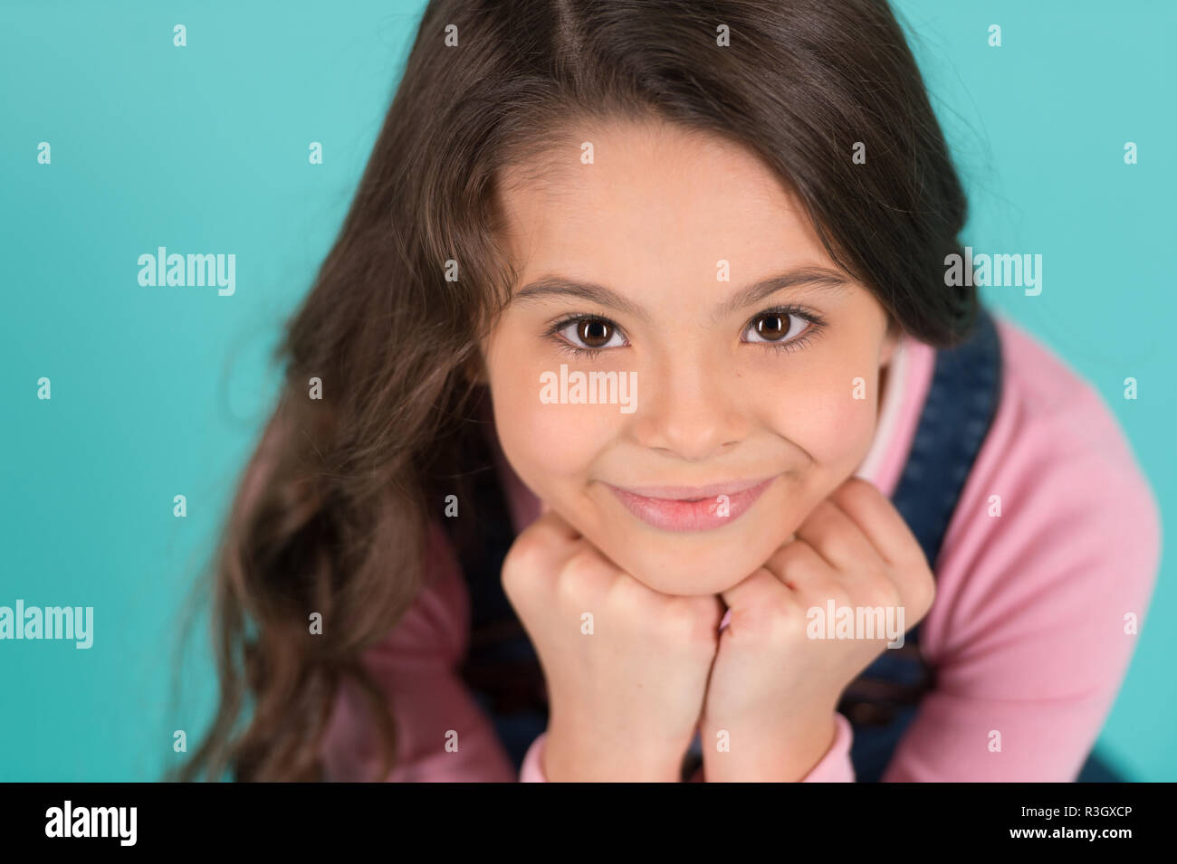 Cuteness overload. Child happy smiling enjoy childhood. Girl adorable ...