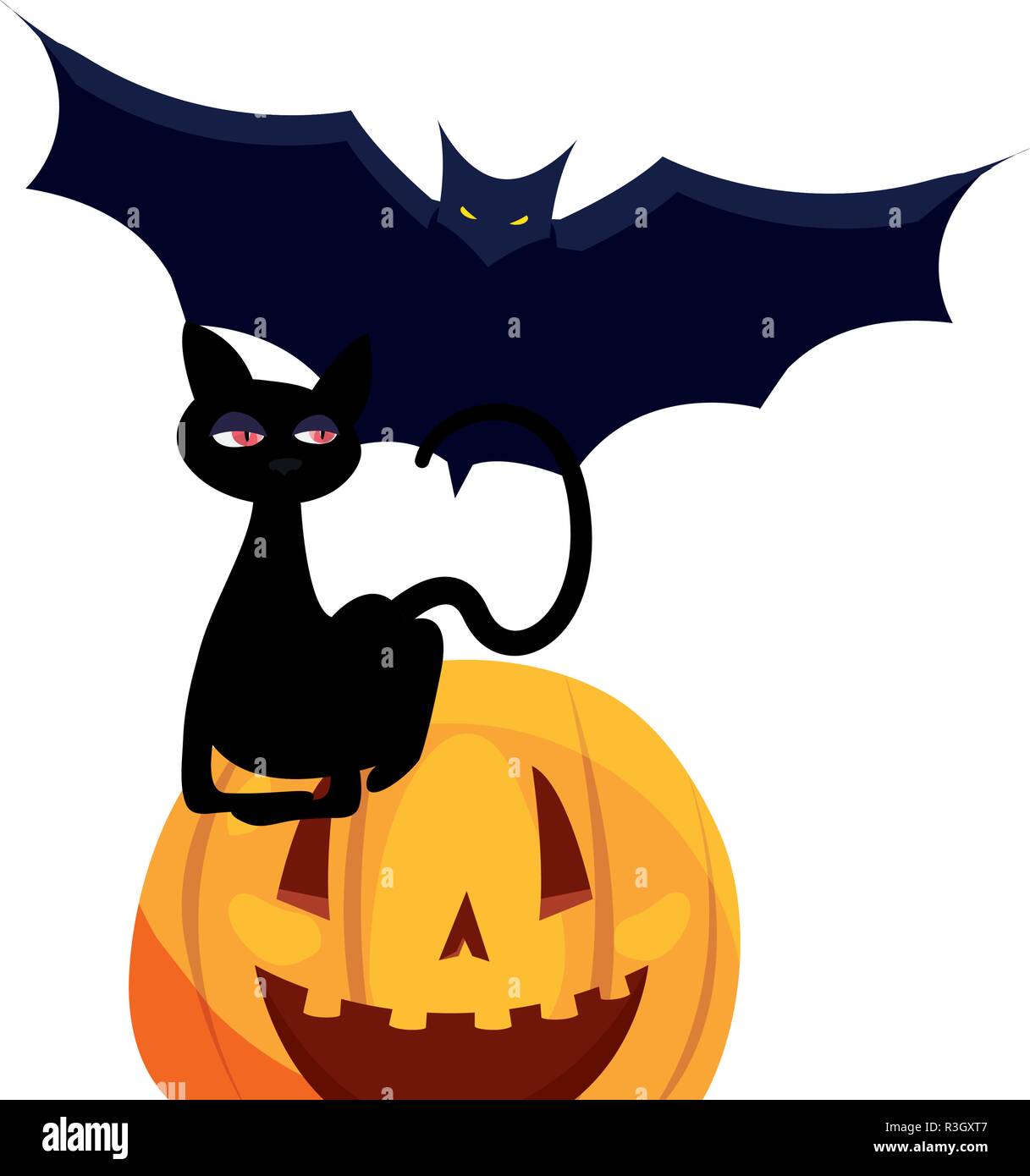 happy halloween bat black cat creepy pumpkin vector illustration Stock ...