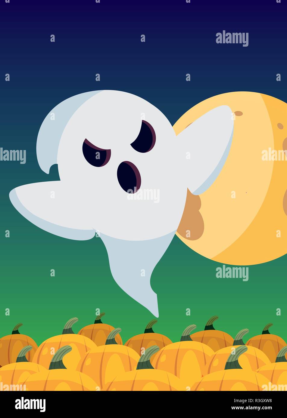 happy halloween ghost moon pumpkins vector illustration Stock Vector ...