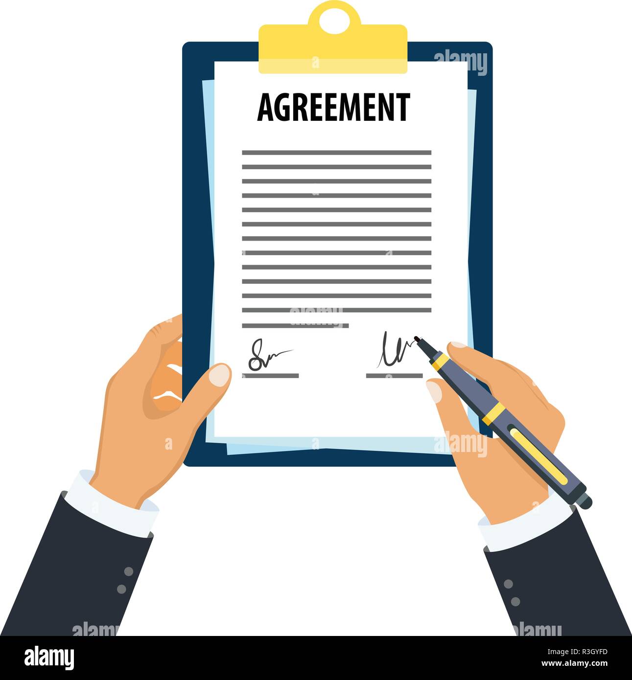 Agreement clipboard in hand, Man holding agreement, Signing agreement ...