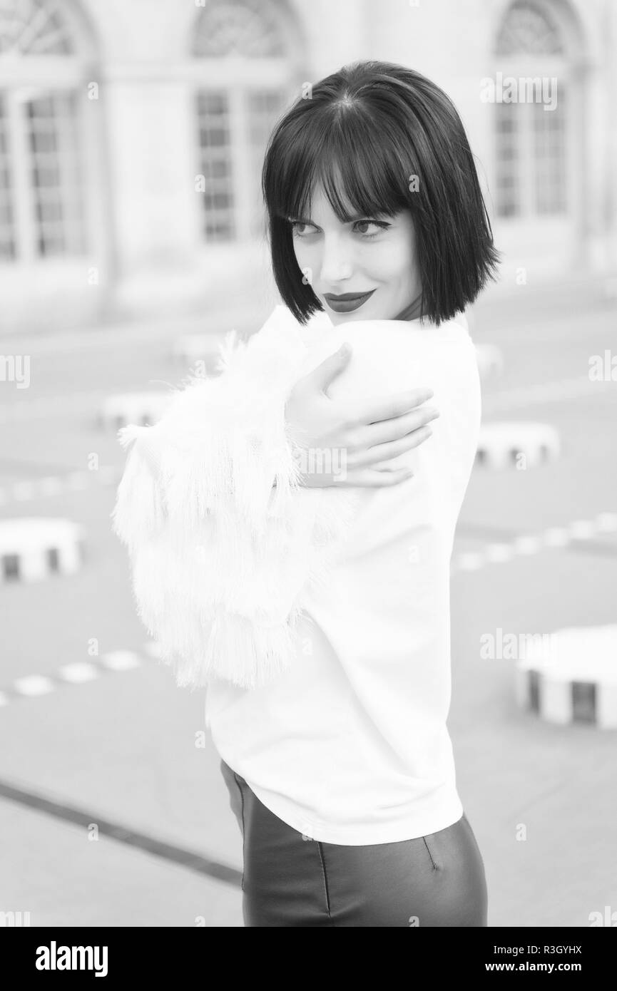 Brunette woman smiling in casual Black and White Stock Photos & Images ...