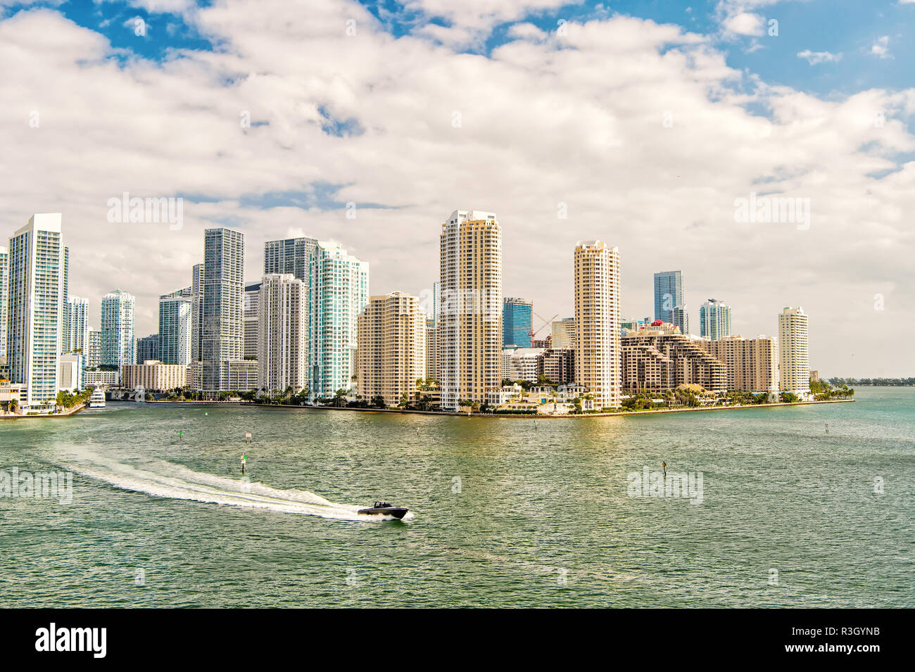 Miami skyline. Aerial view of Miami skyscrapers with blue cloudy sky ...