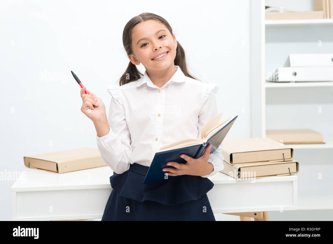 Future concept. Happy girl learn for future examination. Future student ...