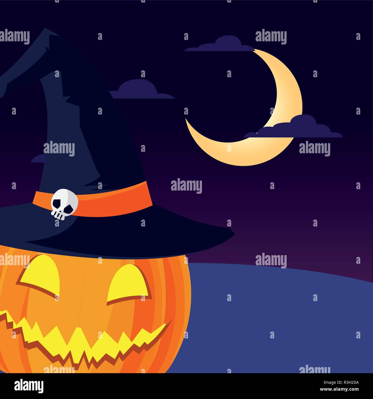 scary pumpkin with hat night halloween celebration vector illustration ...