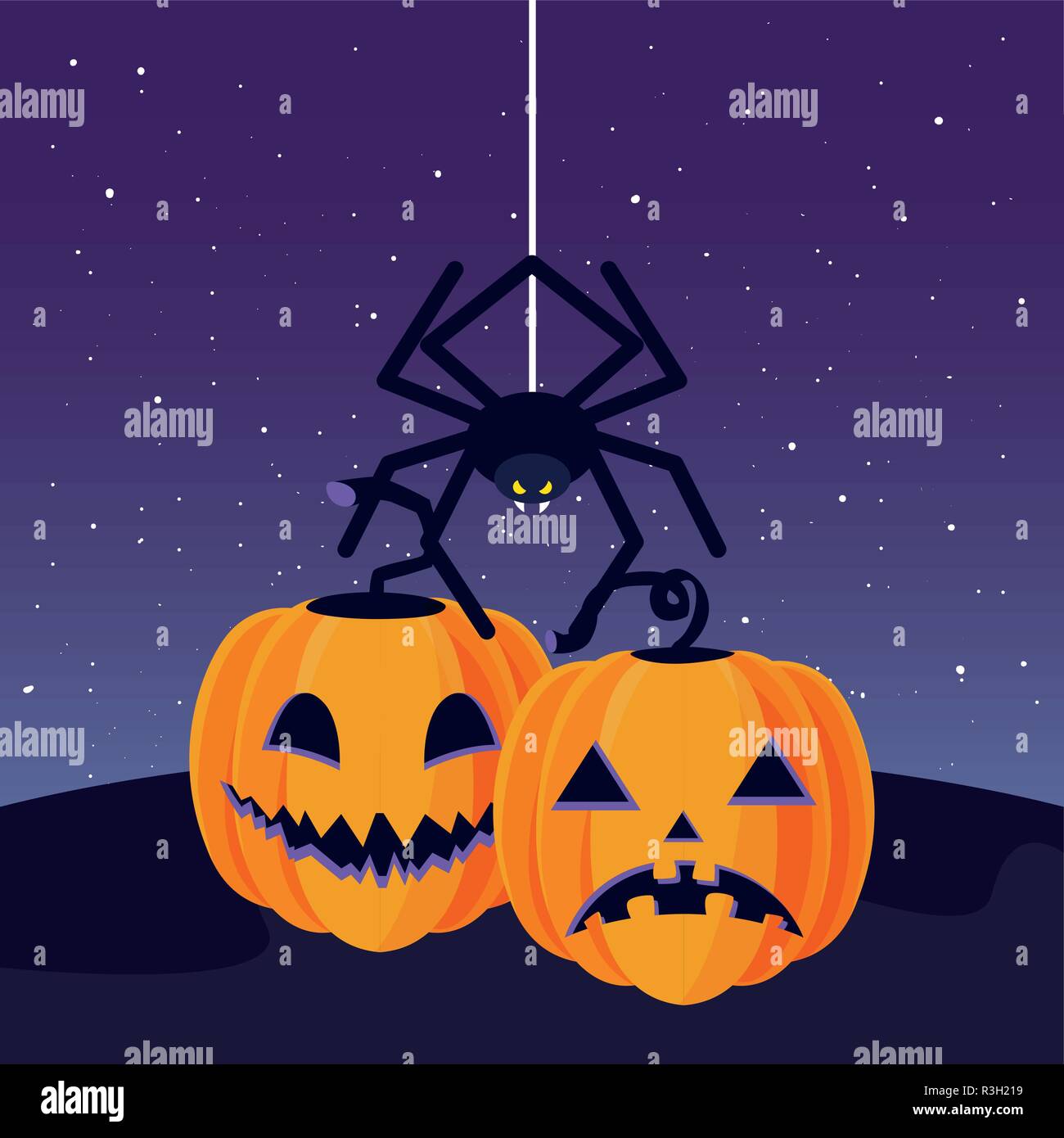 pumpkins and spider night halloween celebration vector illustration ...