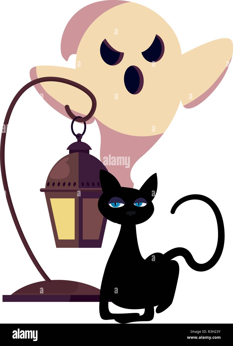 ghost cat and lamp halloween celebration vector illustration Stock ...