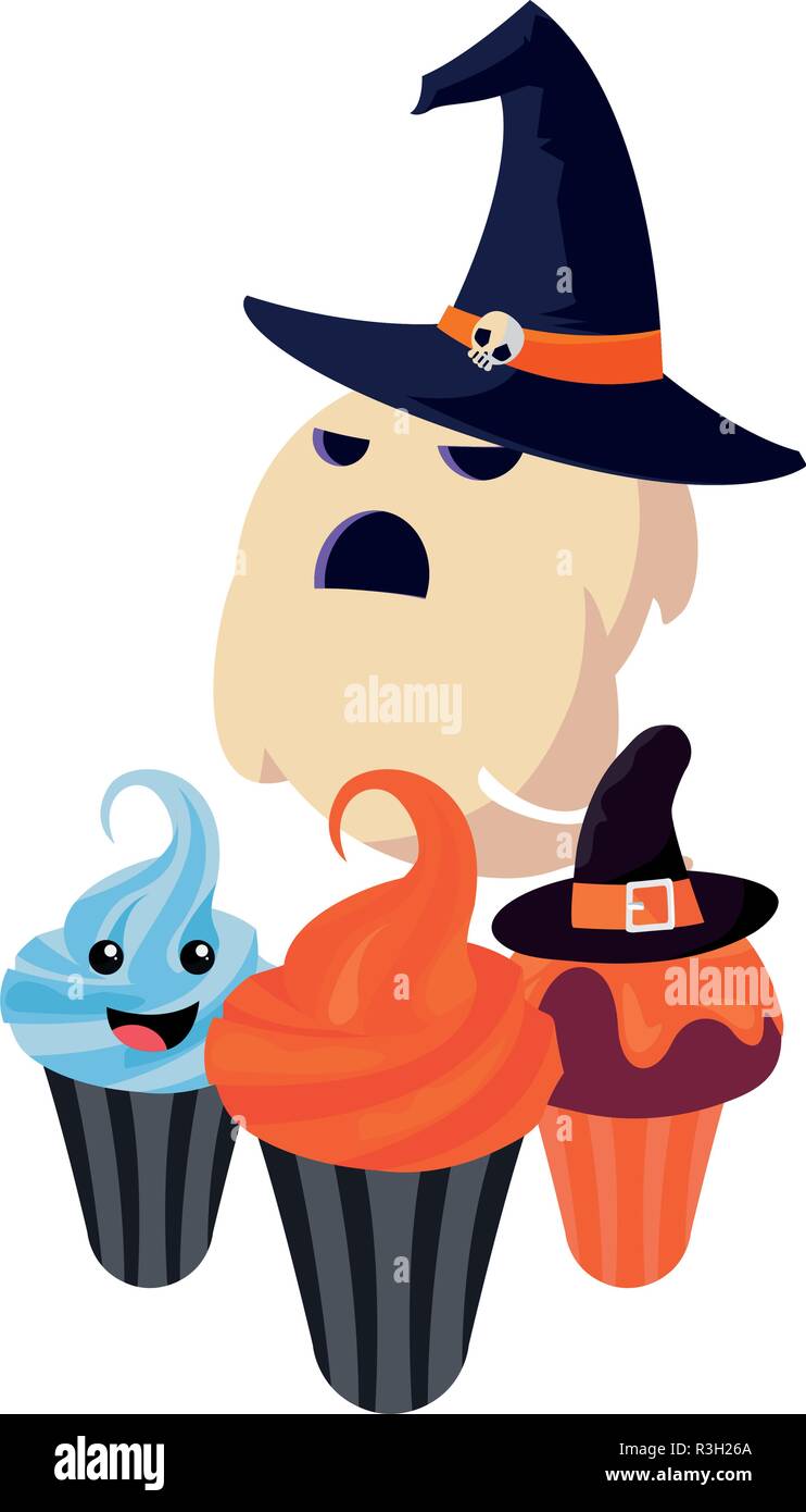 ghost and cupcakes halloween celebration vector illustration Stock ...