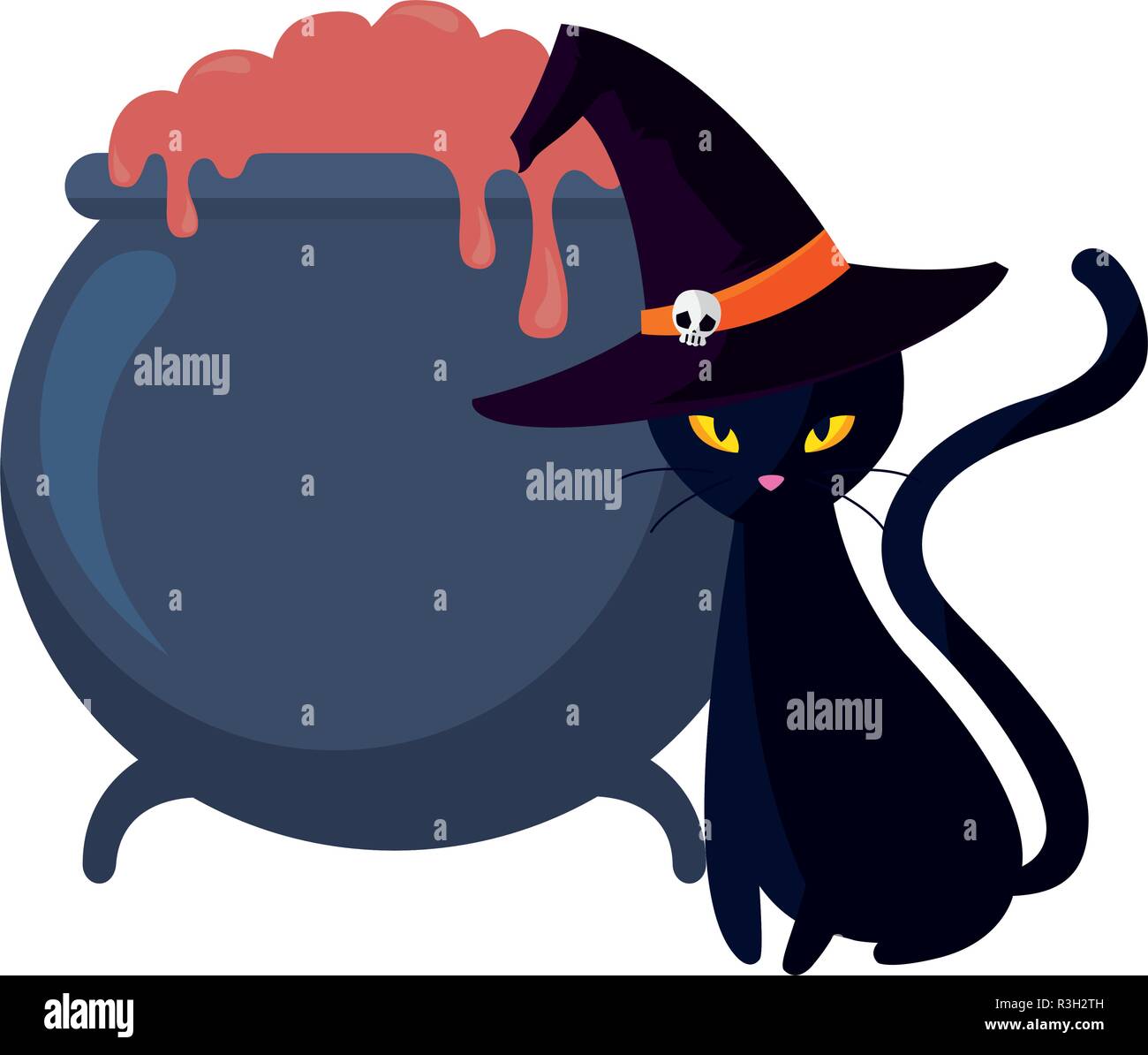 black cat and cauldron halloween celebration vector illustration Stock ...