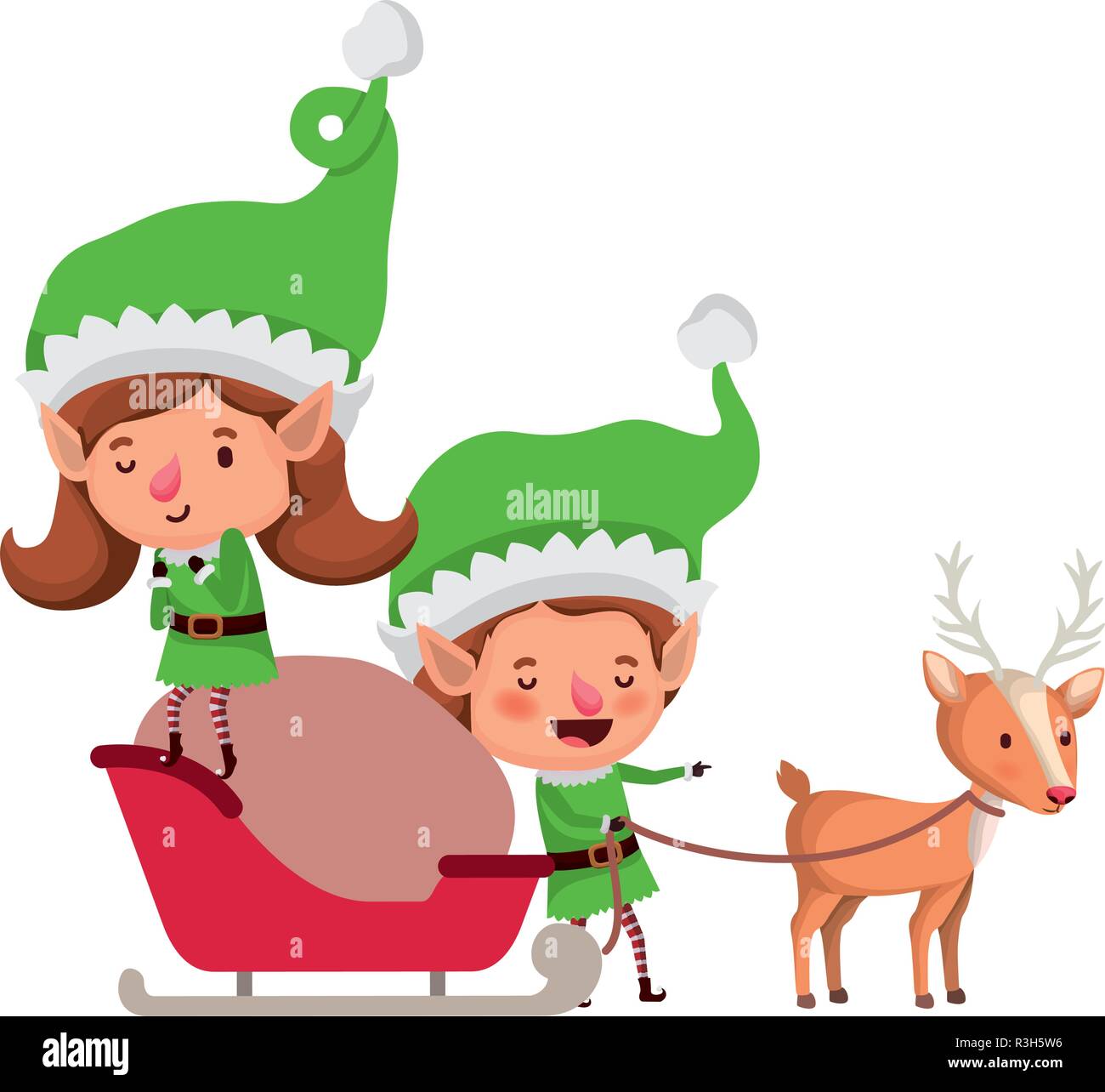 elf couple with sleigh and reindeer sleigh avatar chatacter Stock ...
