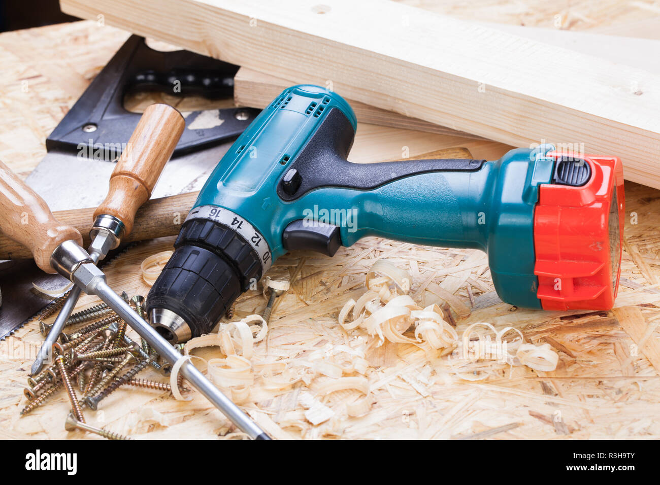 handyman tool with cordless screwdriver,screwdriver,saw Stock Photo - Alamy