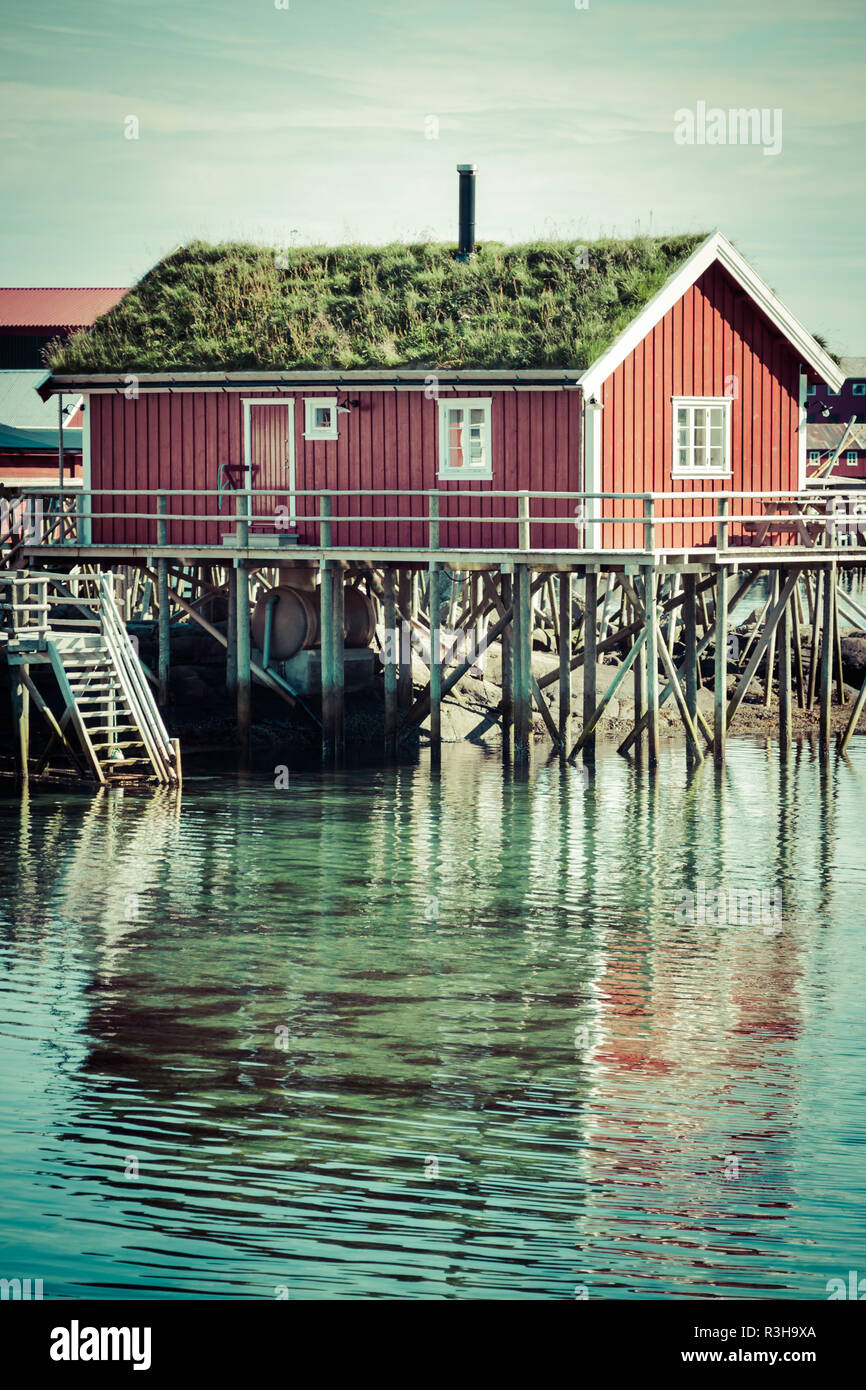 typical norwegian fishing village with traditional red rorbu huts,reine ...