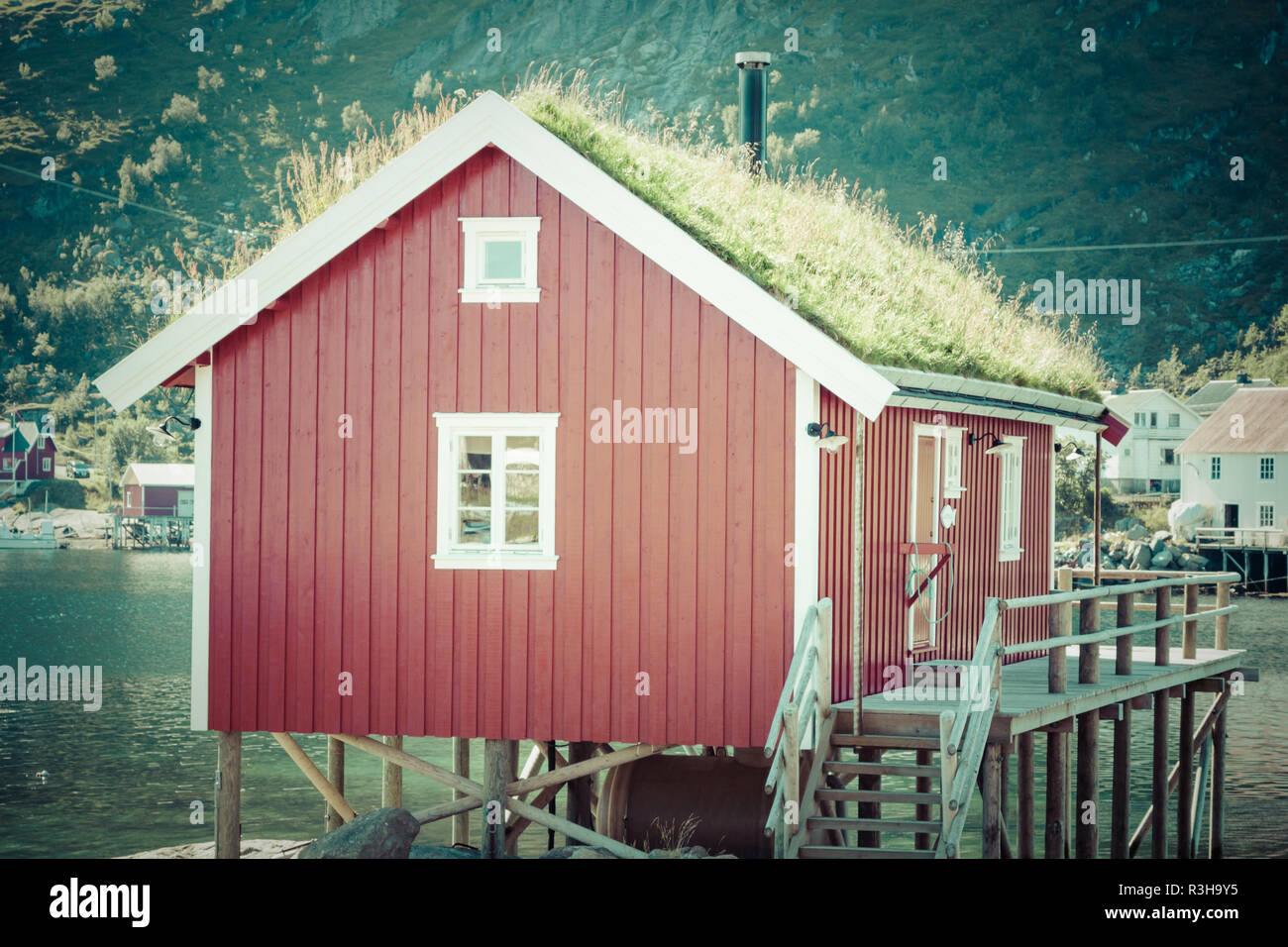 typical norwegian fishing village with traditional red rorbu huts,reine ...