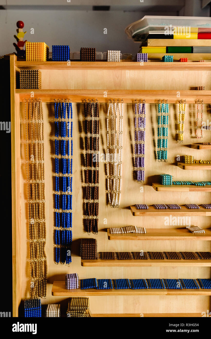 Geometry and mathematics materials in a Montessori classroom Stock ...