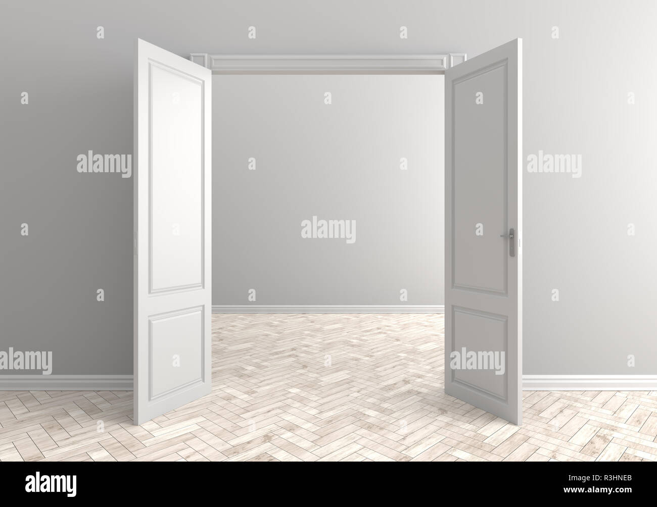 Empty room with open door. Scandinavian interior. 3d illustration Stock ...